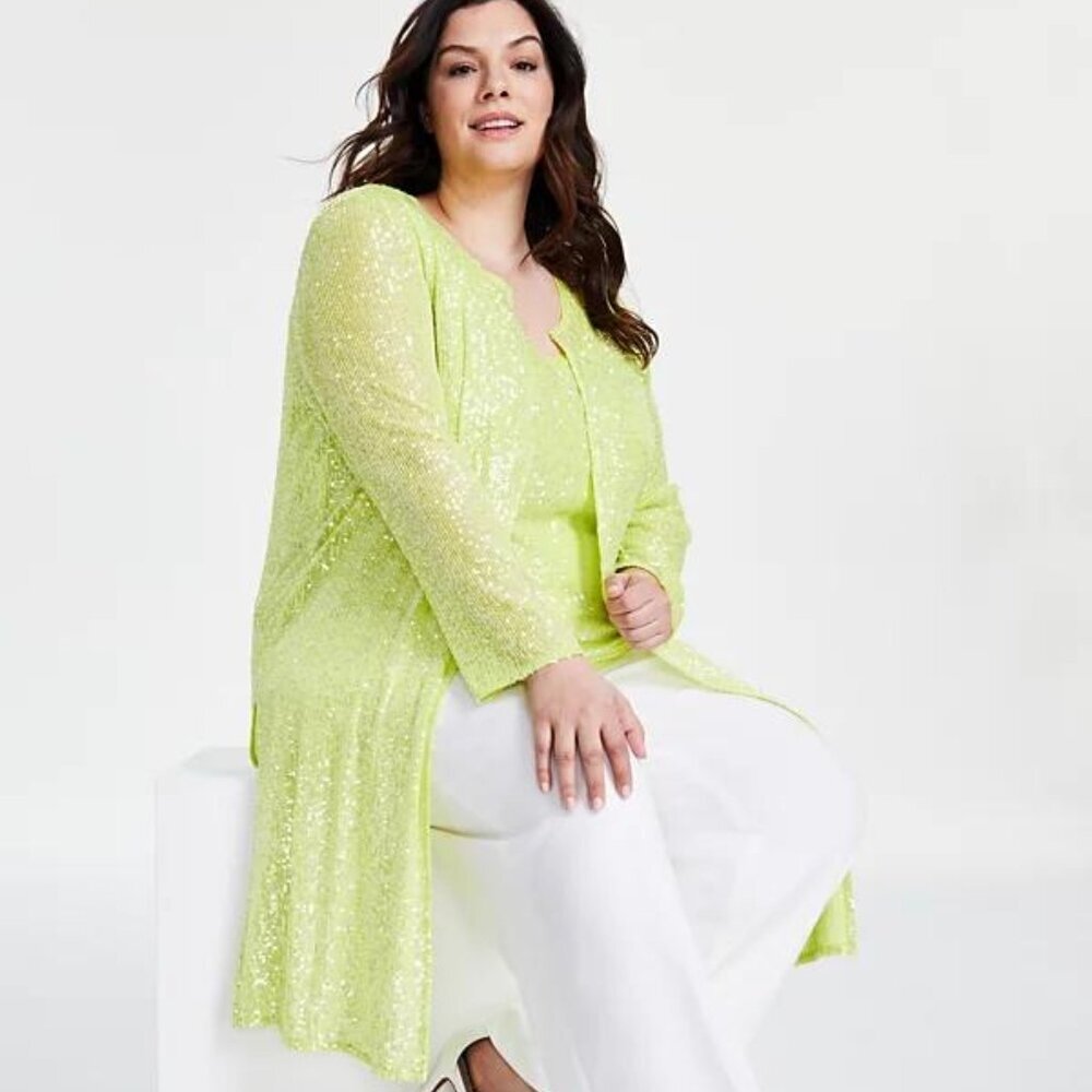 Anne Klein Plus Size Sequin Mesh Duster – Sprout Gree… - Gem